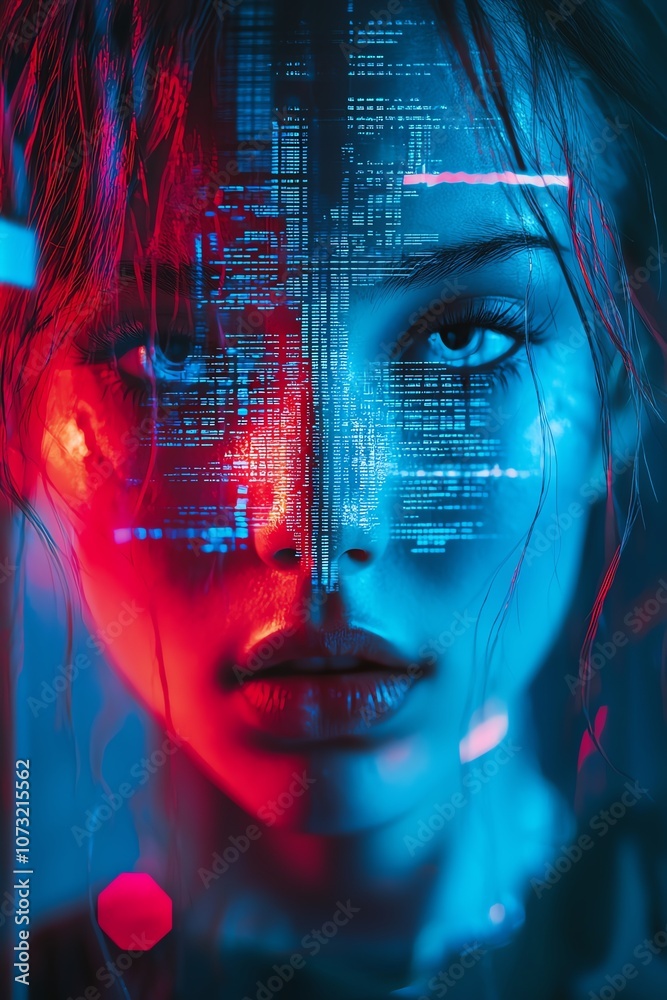Cyberpunk female portrait disintegrating into digital fragments, neon colors, corrupted data ...