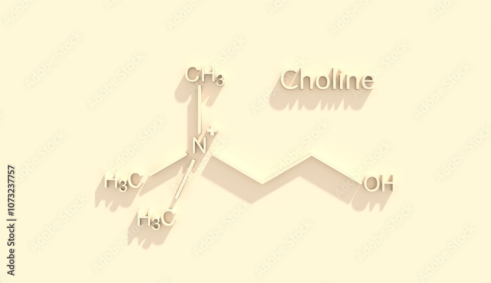 Structural chemical molecular formula and model of choline. 3D render ...