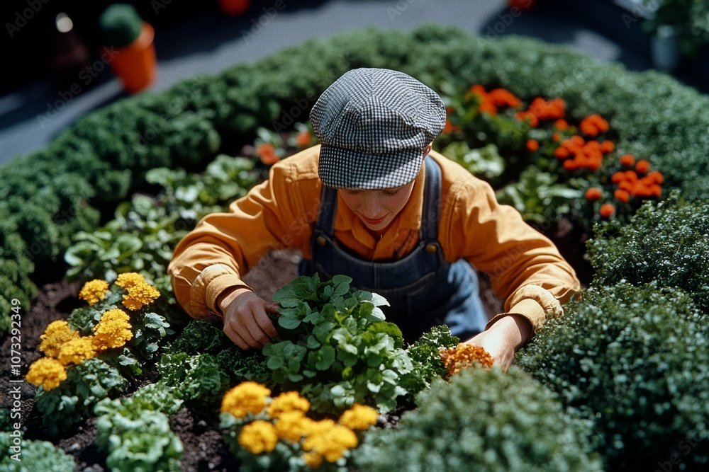 A retro-inspired image of a gardener in a hat and overalls, tending to ...
