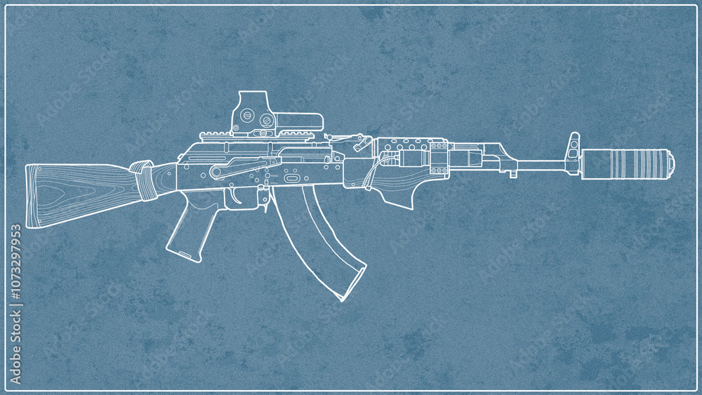 blueprint of Upgraded AKM assault rifle with collimator sight, tactical ...