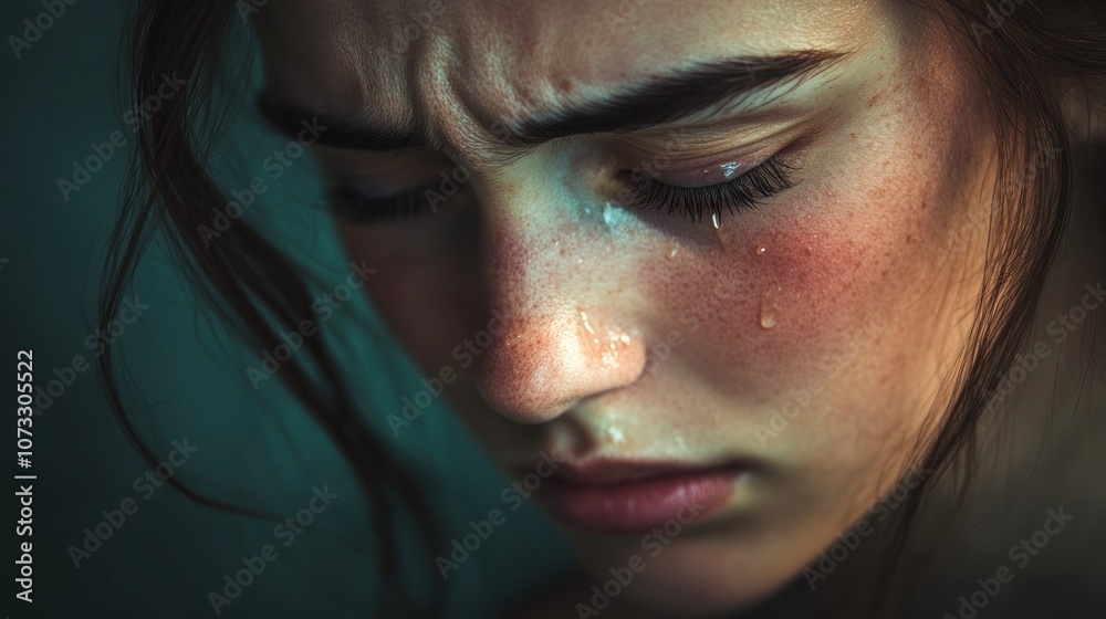 A young woman has tears streaming down her cheeks, her face expressing ...