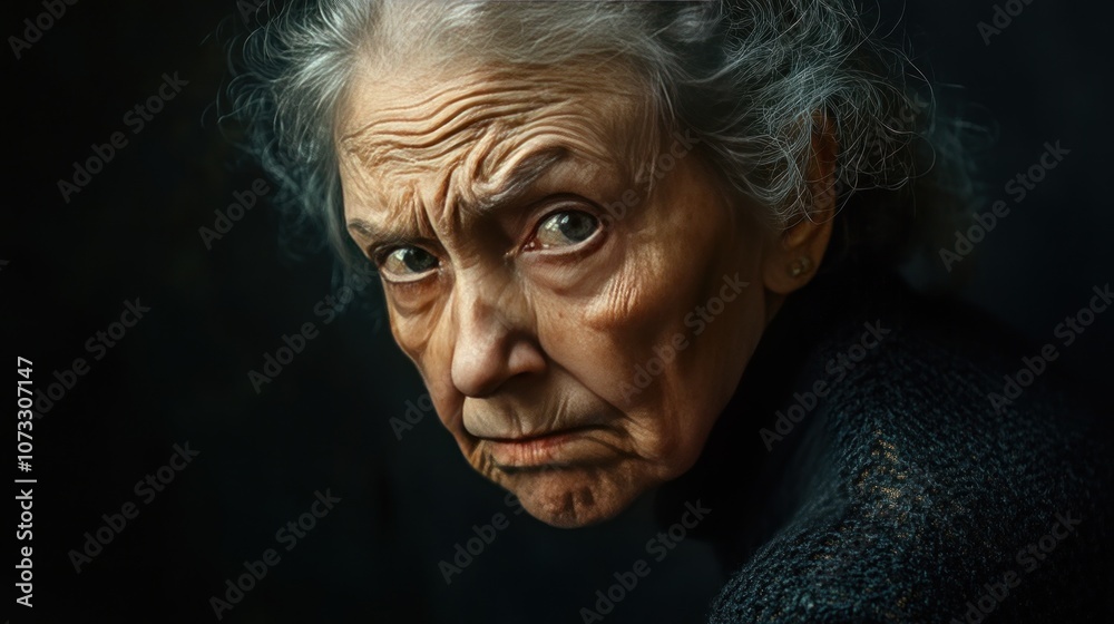 An old woman frowns and looks to the side, her face is fierce and shows ...