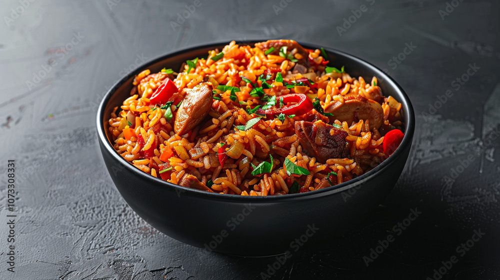 A hearty bowl of Nigerian jollof rice, featuring a rich blend of ...