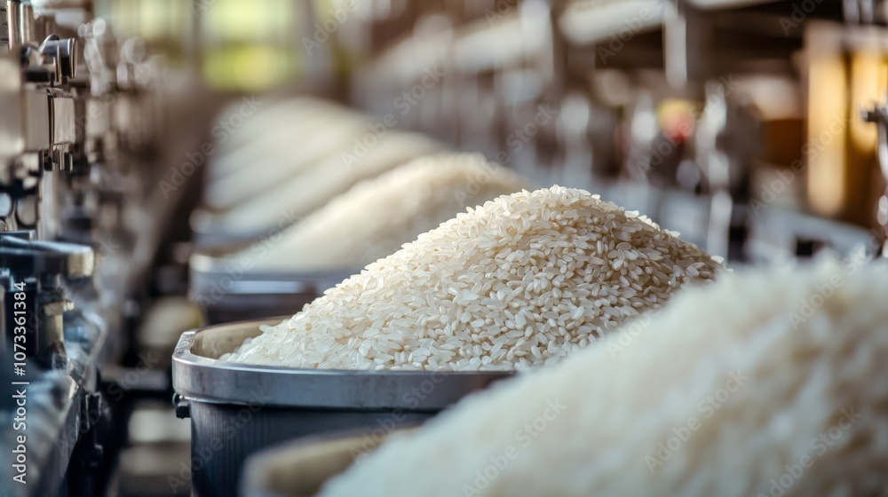 The image features various containers filled with rice in a warehouse ...