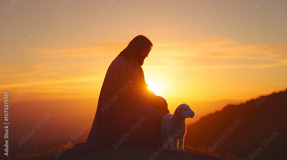 Shepherd Jesus Christ gently caring for a lost lamb – Symbolising ...