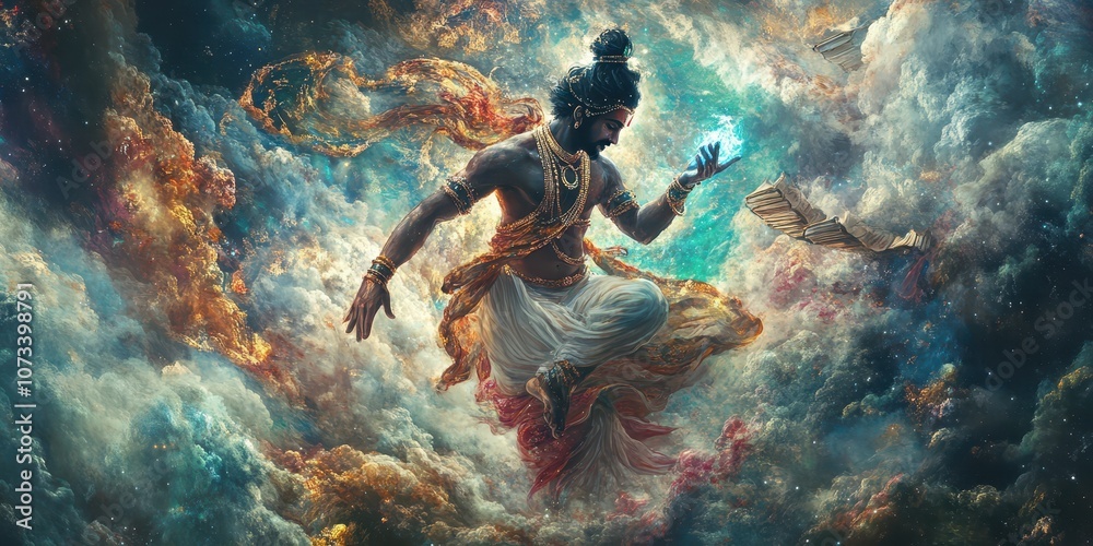 Divine Brahma, surrounded by the floating Vedas, cosmic waves of ...