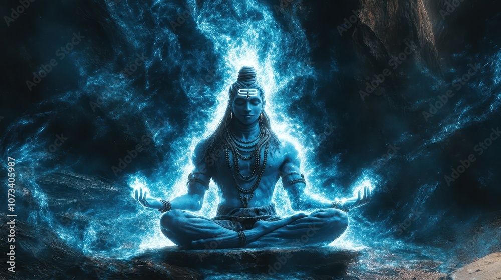 Shiva seated in the lotus pose, surrounded by a divine flow of cosmic ...