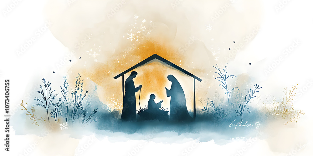Watercolor painting representing Nativity scene in Bethlehem. Christmas ...