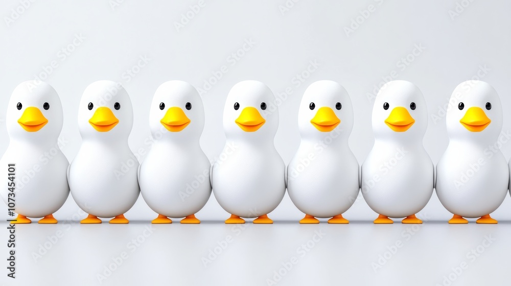 Row of white ducks are lined up next to each other. The ducks are all ...