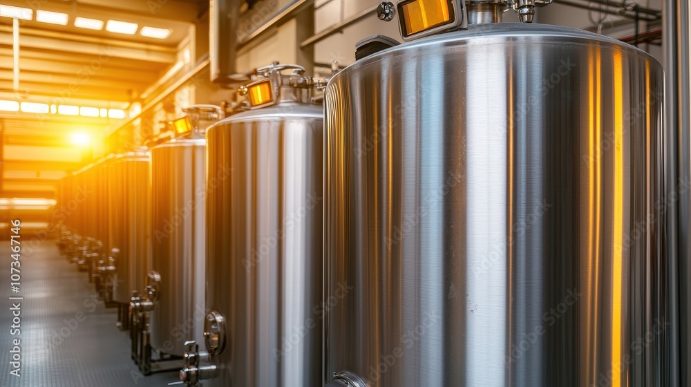 The image features a row of large, shiny metallic storage tanks inside ...