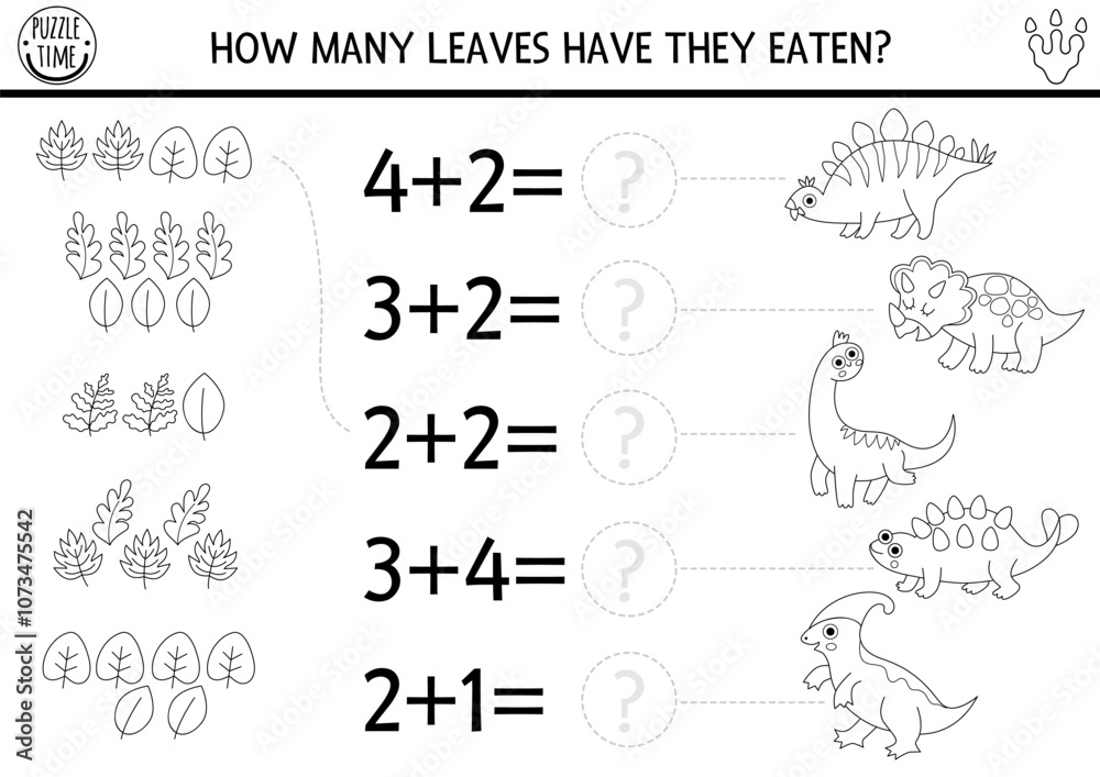 Black and white counting and matching game with ancient animals, leaves ...