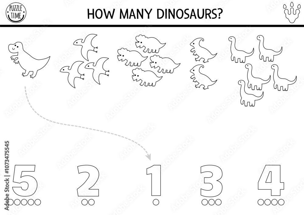 Black and white counting and matching game with dinosaurs. Dino math ...