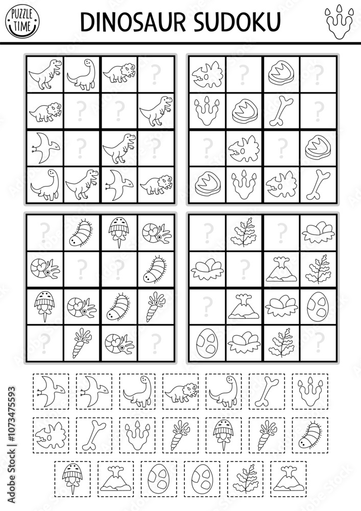 Vector dinosaur sudoku puzzle for kids with pictures. Black and white ...