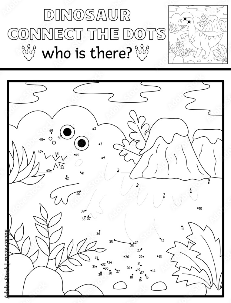 Vector black and white dot-to-dot and color activity with tyrannosaur ...