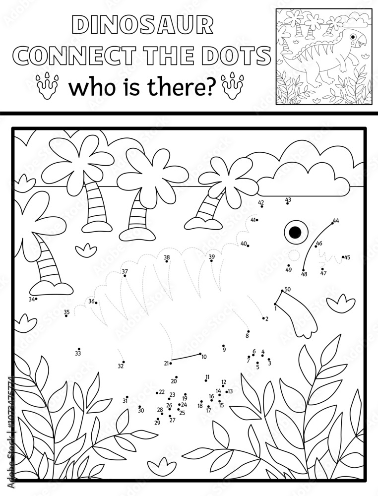 Vector black and white dot-to-dot and color activity with iguanodon ...