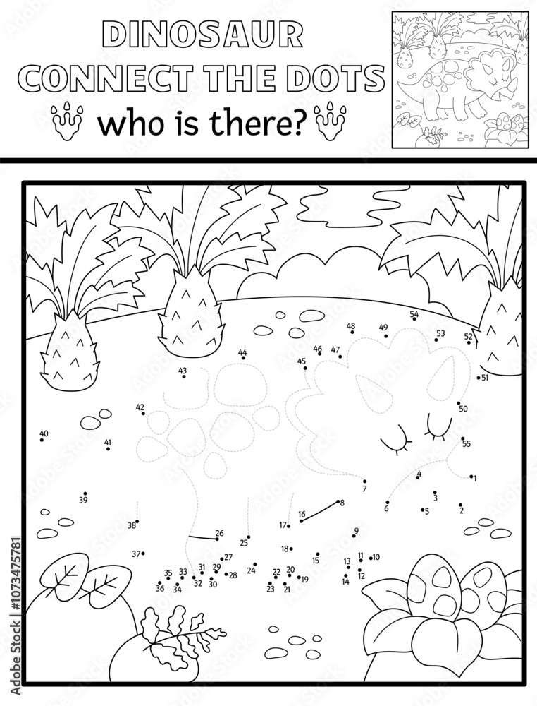Vector black and white dot-to-dot and color activity with triceratops ...