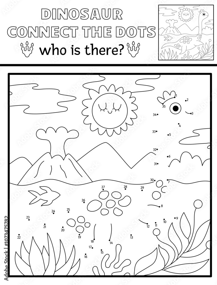 Vector black and white dot-to-dot and color activity with plesiosaur ...