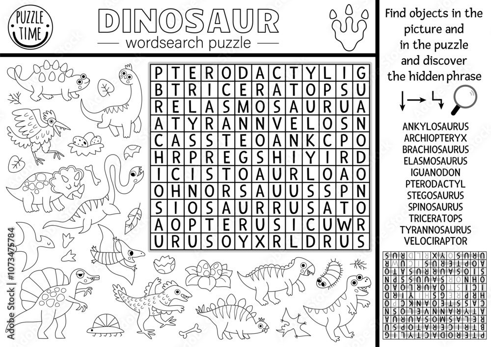 Vector black and white wordsearch puzzle for kids with dinosaur names ...