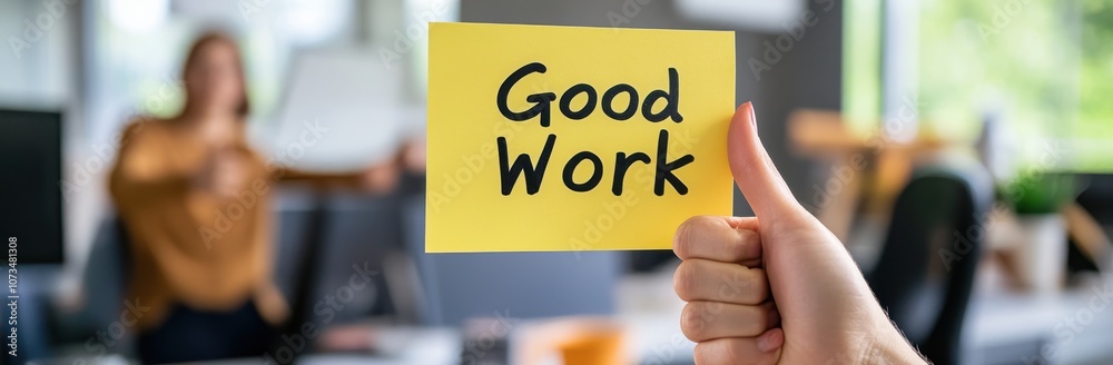 Thumbs up holding "Good Work" sign in office, symbolizing appreciation ...
