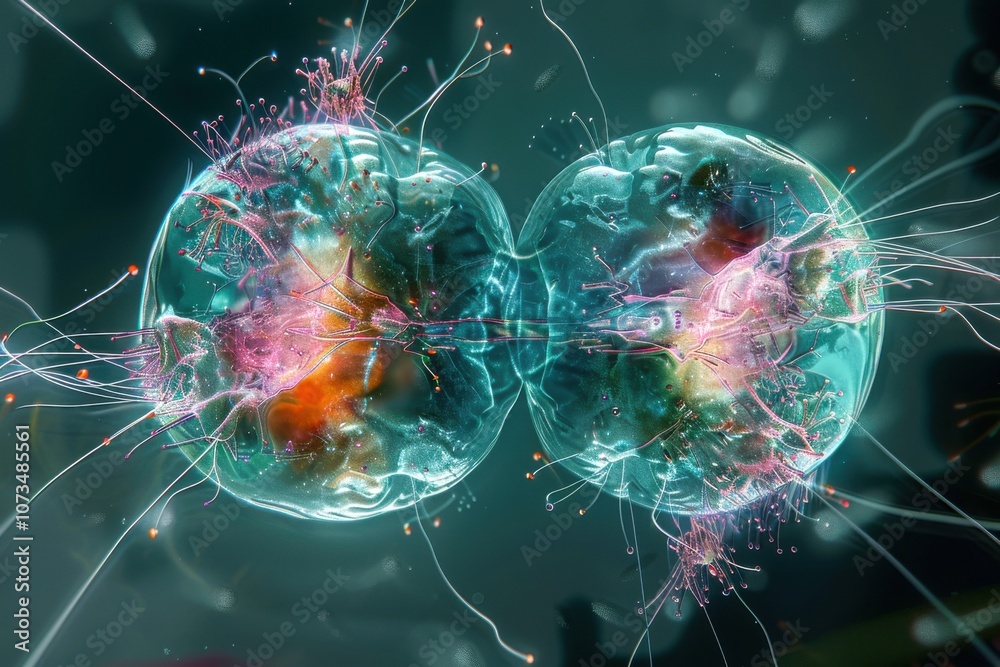 Telophase: An image of two daughter nuclei forming at each pole, with ...