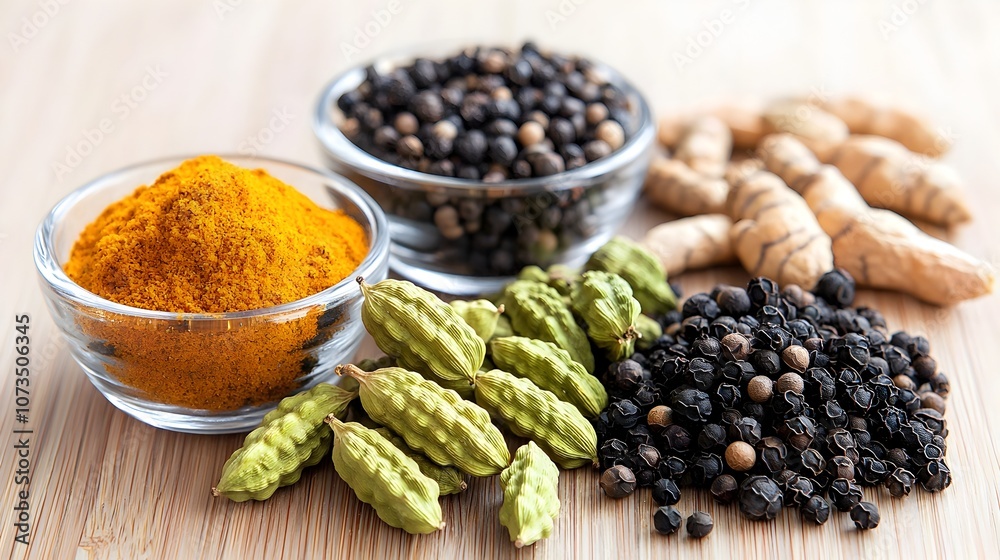 Cardamom pods black pepper and turmeric spices artfully arranged in an ...