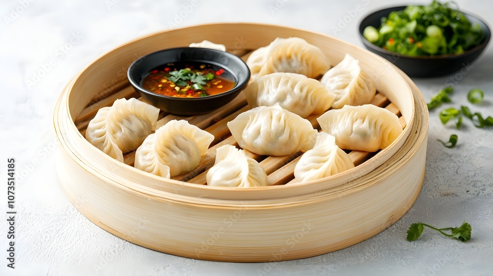 Delectable Chinese Dumplings Arranged Artfully on a Bamboo Steamer ...