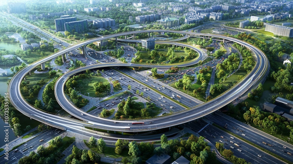 Aerial view of a complex highway interchange with green spaces and ...