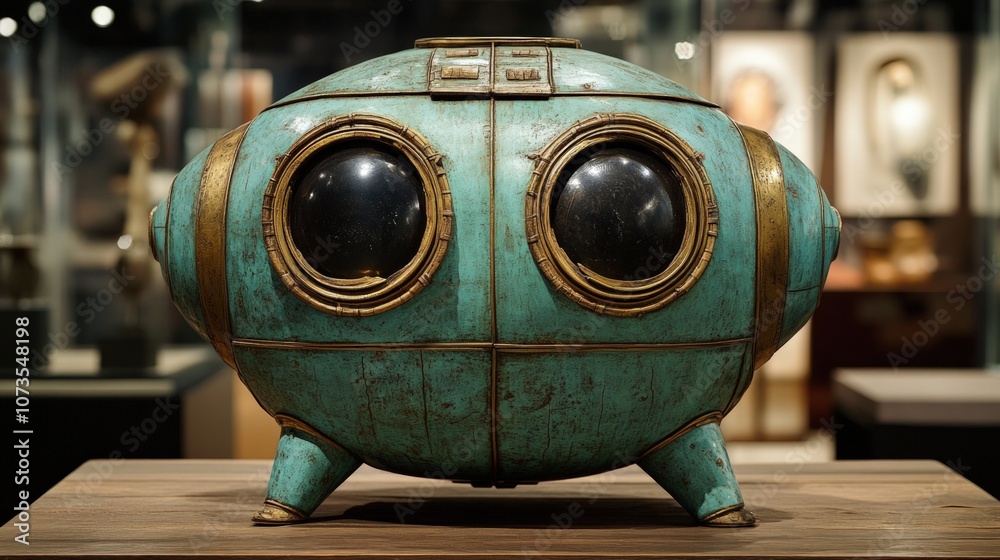 Teal and brass sculpture of a futuristic, pod-shaped object with two ...