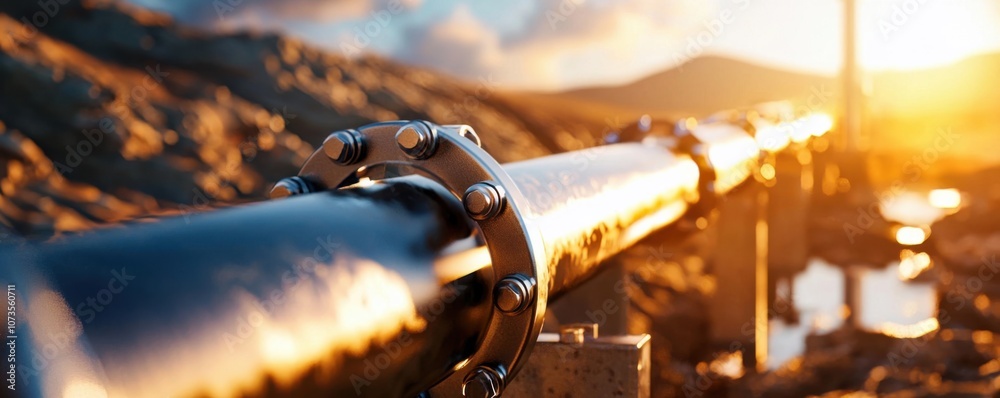 Industrial Pipeline Leading into the Horizon with Sunlight Glinting off ...