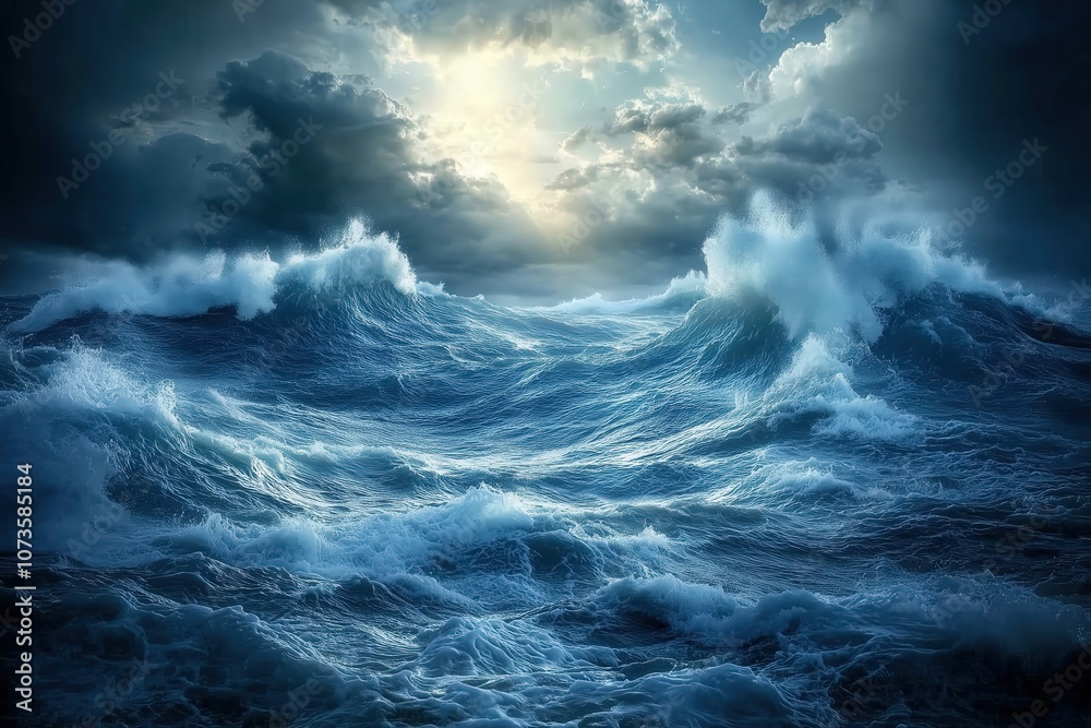 A gentle storm subsiding over a vast, serene ocean, symbolizing the ...