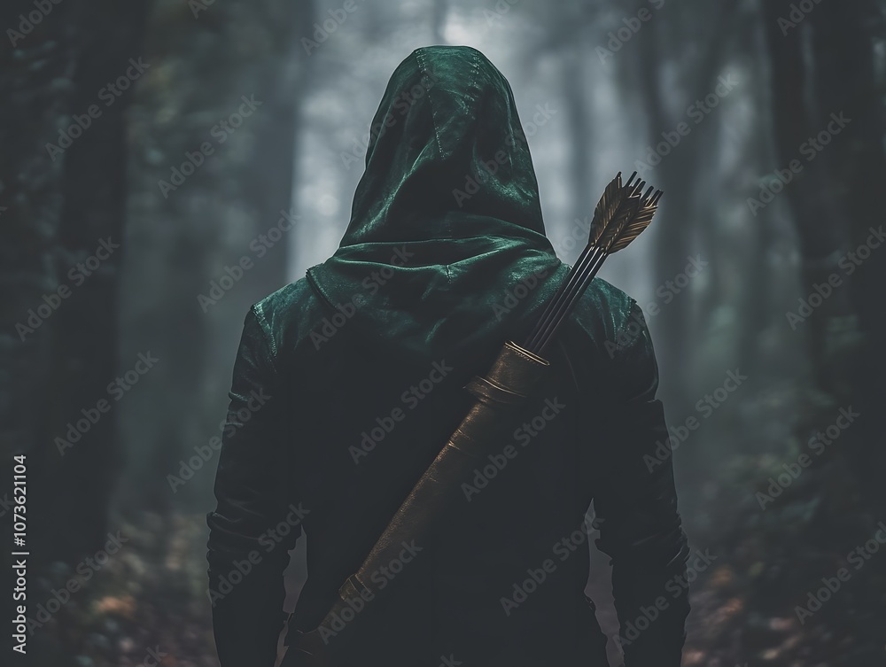 Mysterious Archer in Dark Forest: A Solitary Figure with Bow and Arrows ...