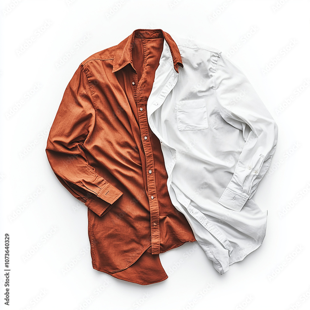 commercial photograph: two men's shirts, rust and white, laid flat on a ...