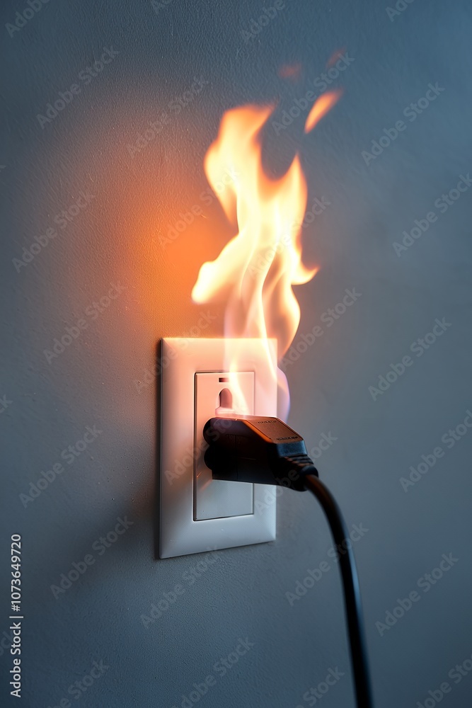 A close-up of a electrical outlet on fire. Be careful with electrical ...