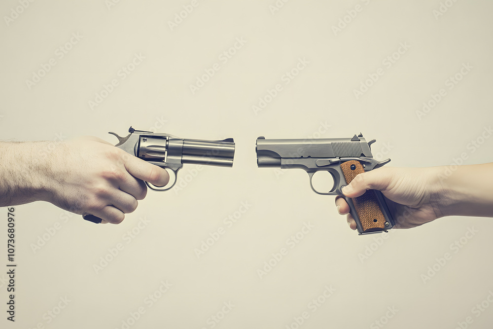 Faceoff between revolver and pistol in hand, symbolic image of ...