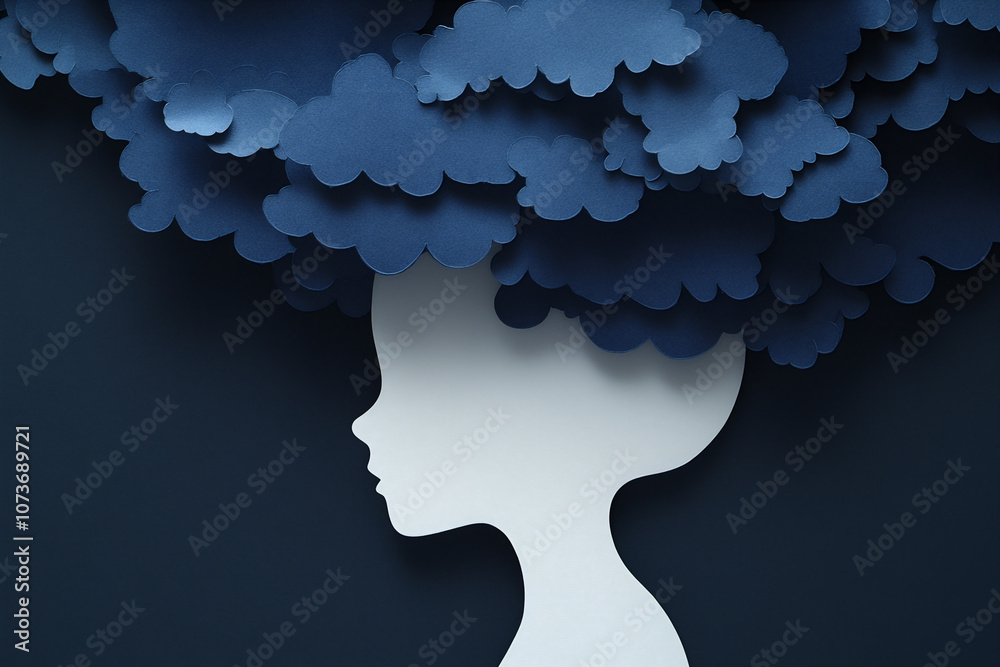 Children anxiety with white silhouette boy and dark clouds over his ...