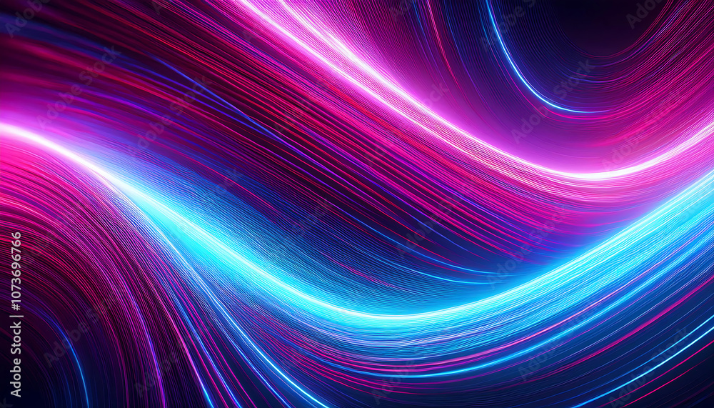 Glowing pink and blue curves move through space in a horizontal template of color gradients_1 ...