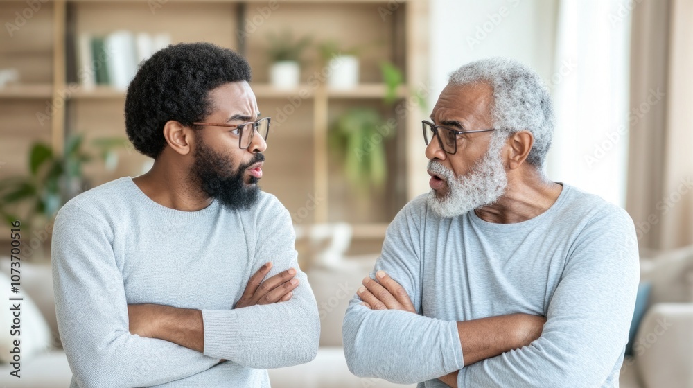 Father and son arguing in the living room, highlighting the ...