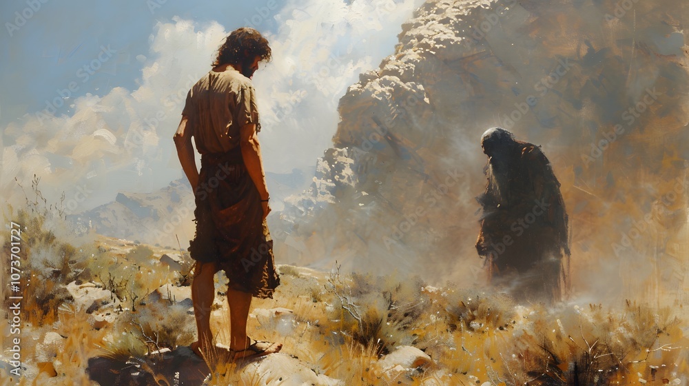 Jesus standing tall under the oppressive desert heat, his expression ...