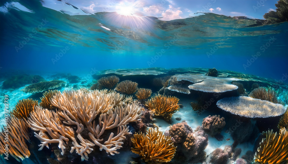 Bleached coral reefs in shallow waters demonstrate the devastating impact of ocean warming _1 ...