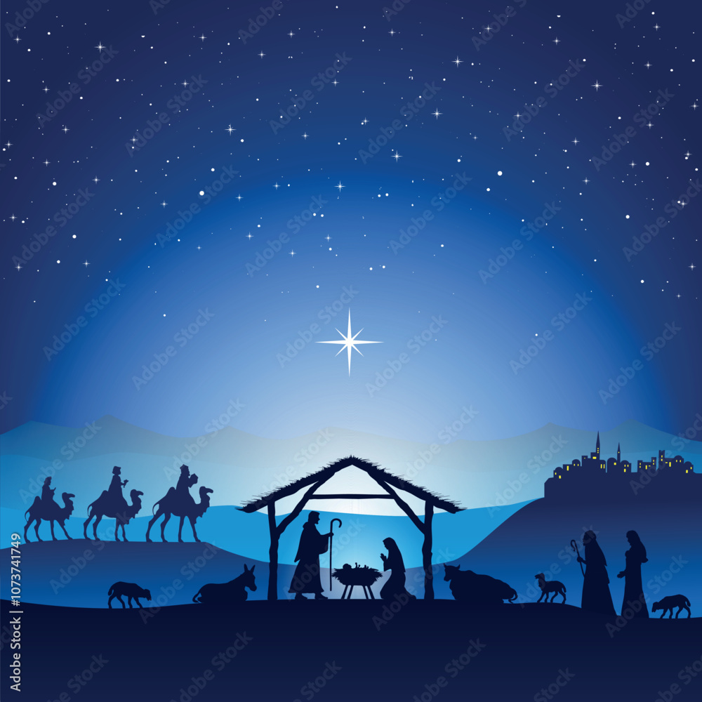 Christmas Nativity scene background. The Three Wise Men arrive at the ...