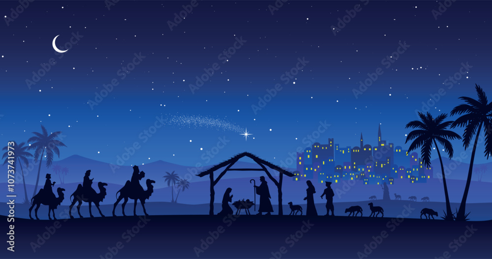 Christmas Nativity scene background. The Three Wise Men arrive at the ...