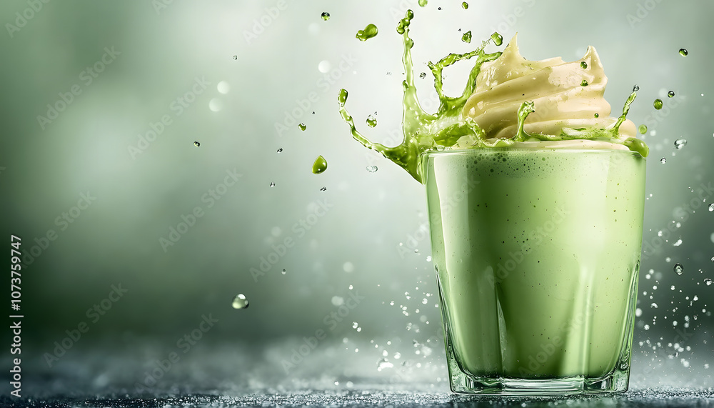 Creative food template. Close up Topping of matcha green tea glass of ...