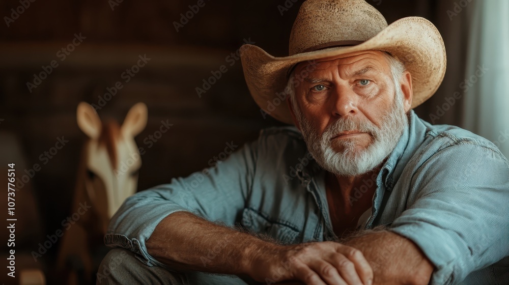 An older man clad in a cowboy hat poses beside a wooden horse indoors ...