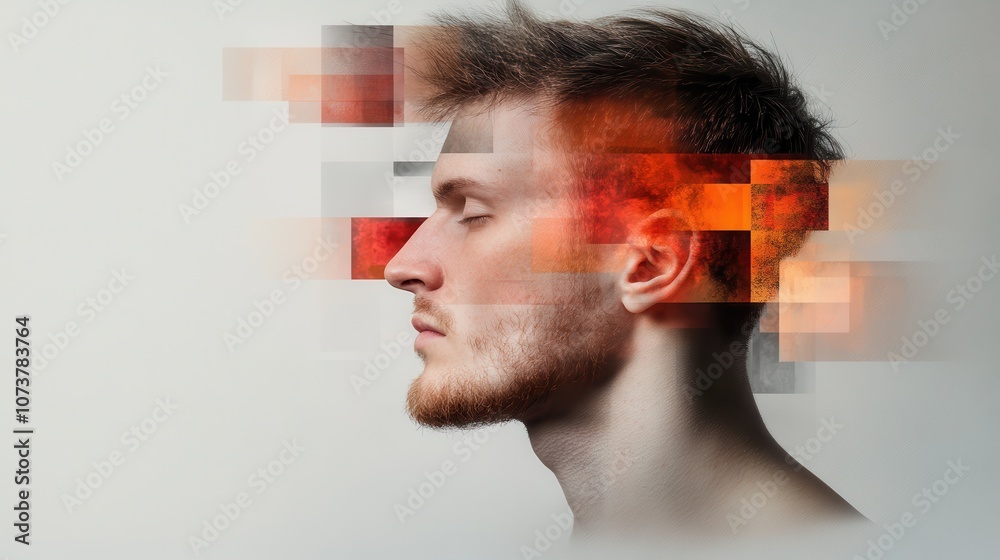 An abstract, modern image showing the side profile of a pixelated human ...