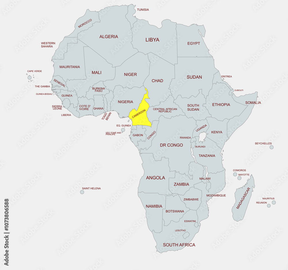 Political map of Africa with Cameroon highlighted, showing country ...