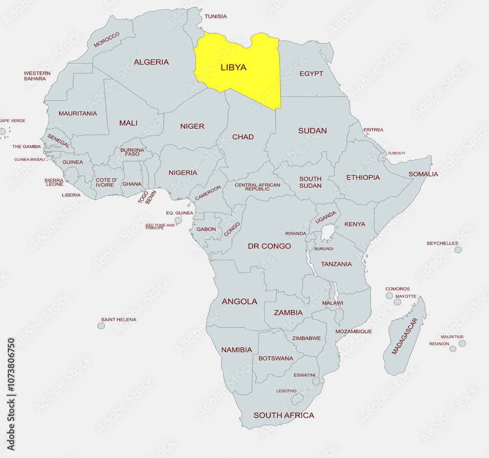 Political map of Africa with Libya highlighted, showing country borders ...