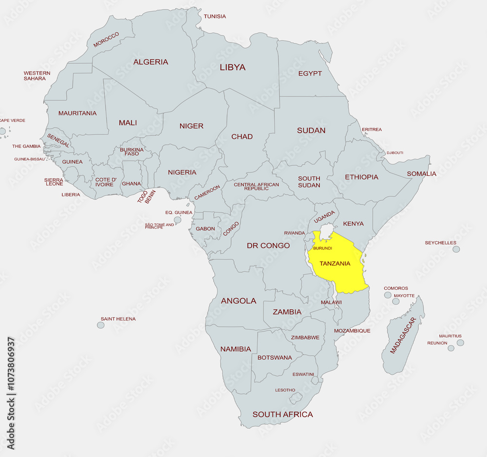 Political map of Africa with Tanzania highlighted, showing country ...
