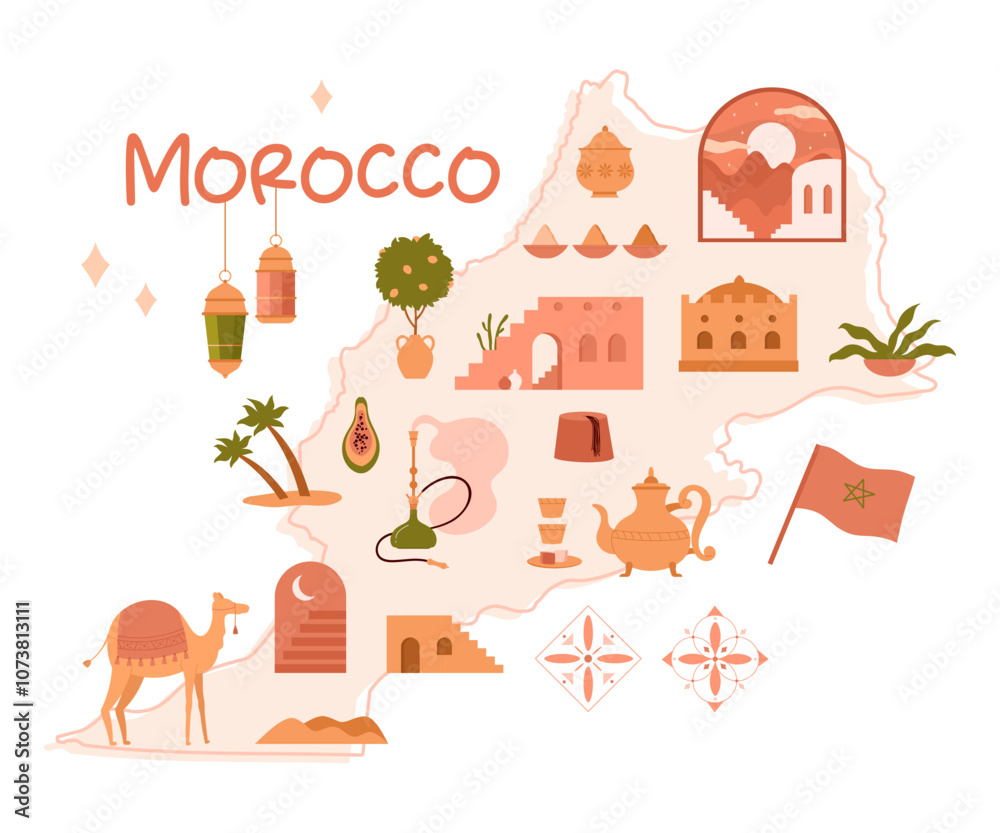 Morocco map with Arabian desert architecture, ancient Islamic culture ...