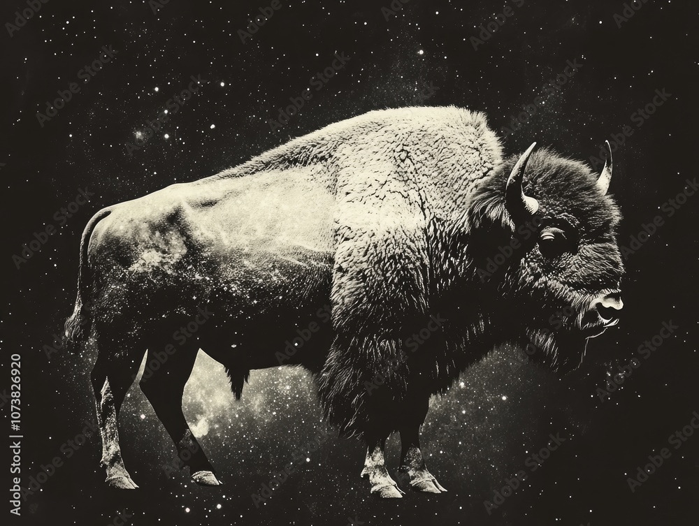 Surreal double exposure of a bison bull against a night sky ...