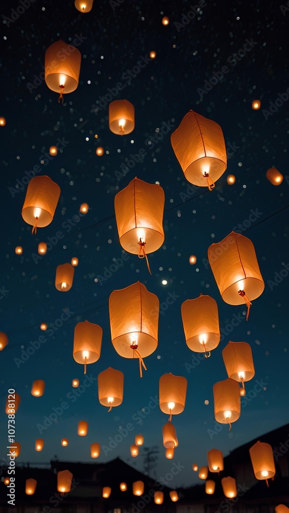 Chinese sky lantern flying and lit up the night sky, Chinese tradition ...